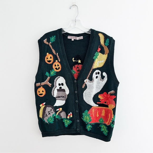 Vintage | Sweaters | Vintage Spooky Ghost Halloween Sweater Vest Size ...